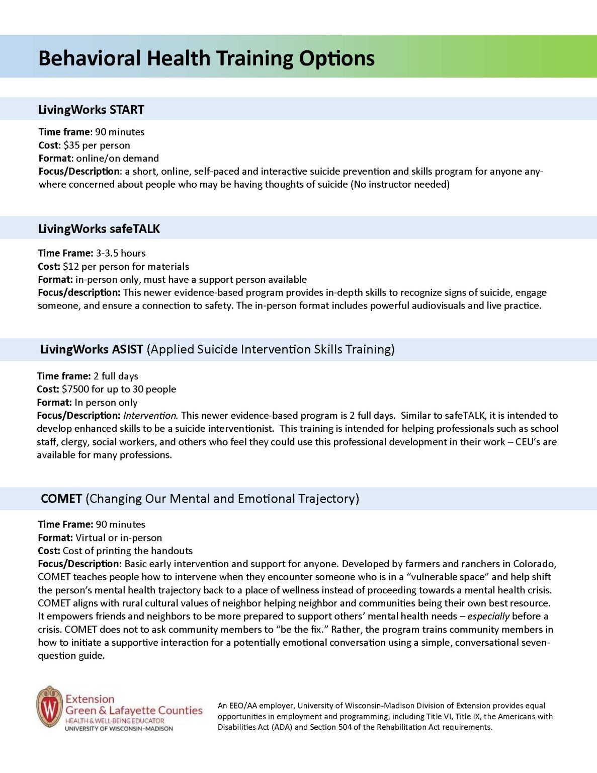 Behavioral Health Training Options – Extension Lafayette County