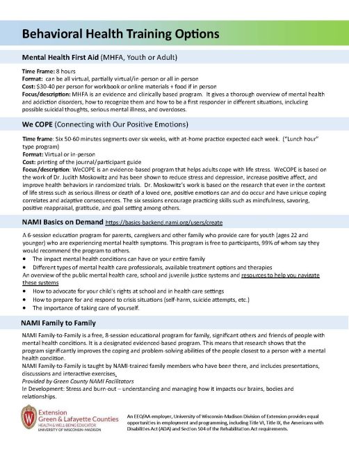 Behavioral Health Training Options – Extension Lafayette County